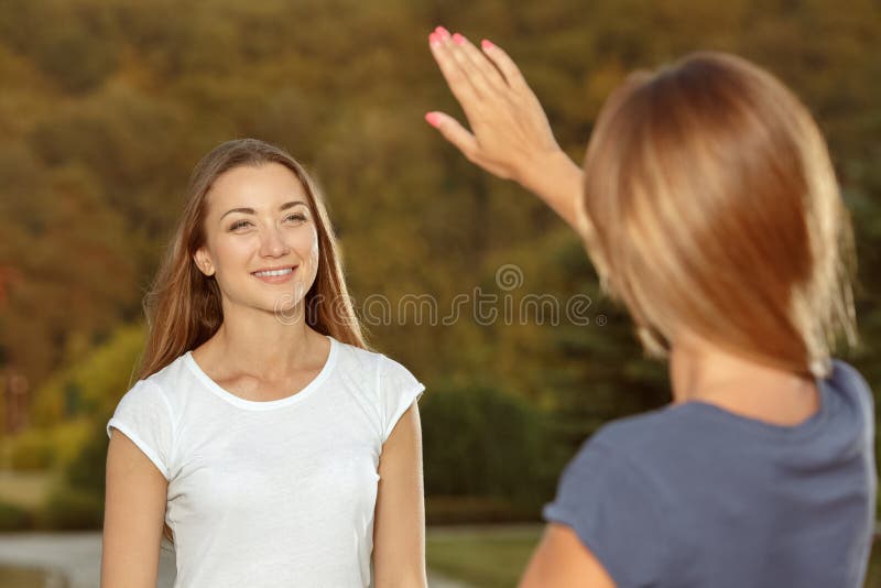 Meeting of two girlfriends stock photo. Image of lifestyle - 61336154
