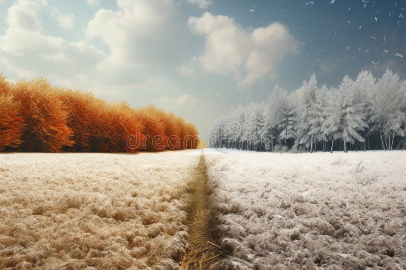 Meeting Winter and Autumn Concept. Half of the Frame Shows Autumn and ...