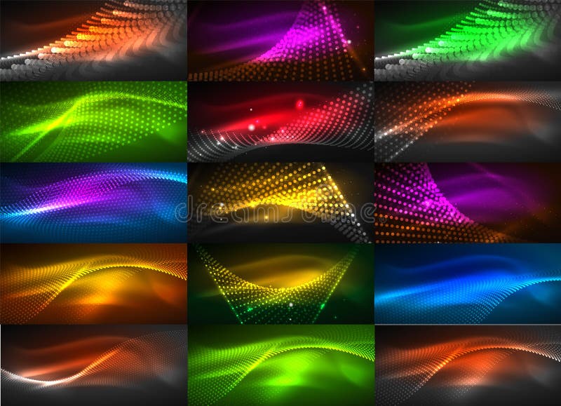 Mega Collection of Neon Glowing Particle Waves Stock Vector ...