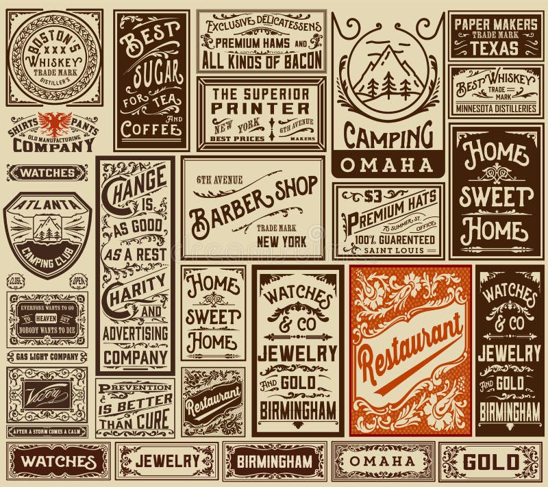 Mega Pack Old Advertisement Designs and Labels - Vector Illustra Stock ...