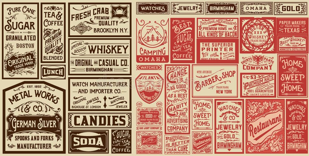 Mega Pack Old Advertisement Designs and Labels - Vector Illustra Stock ...