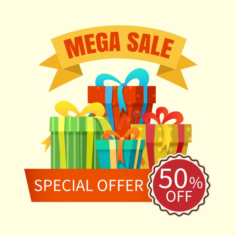 Mega Sale Banner with Gift Boxes Stock Vector - Illustration of flyer ...