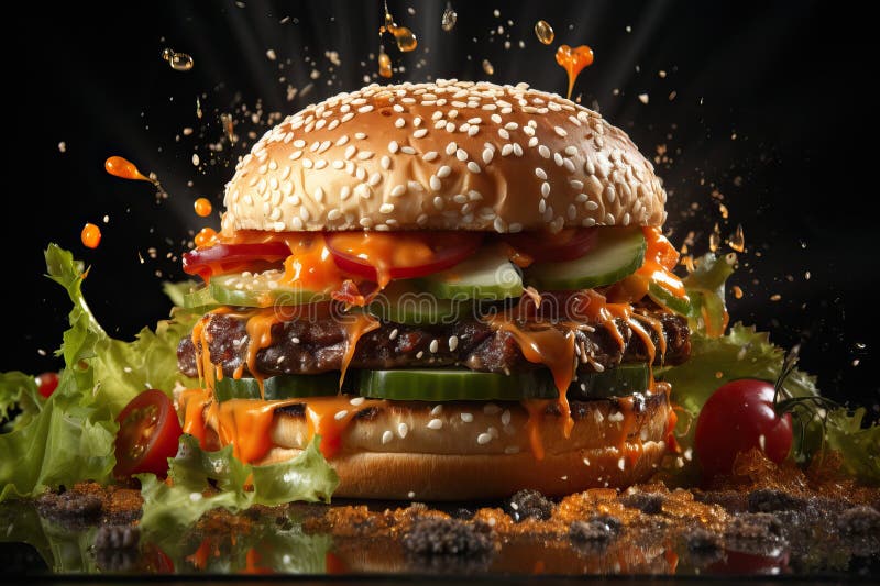 Mega Tasty Burger on a Black Background with Splashes of Sauce. Stock ...