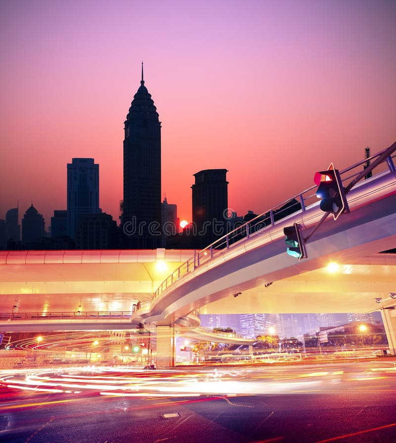 Complicated Highway Intersection at Dusk Stock Image - Image of blur ...