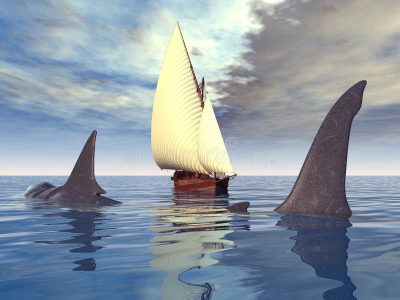 Megalodon Shark and Sailing Ship Stock Illustration - Illustration of ...