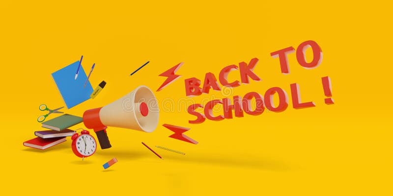 Megaphone with Back To School Text and School Supplies. 3d Illustration ...