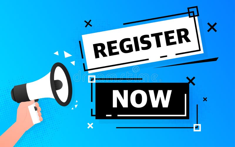 Megaphone Blue Banner with Register Now Sign. Vector Illustration Stock ...