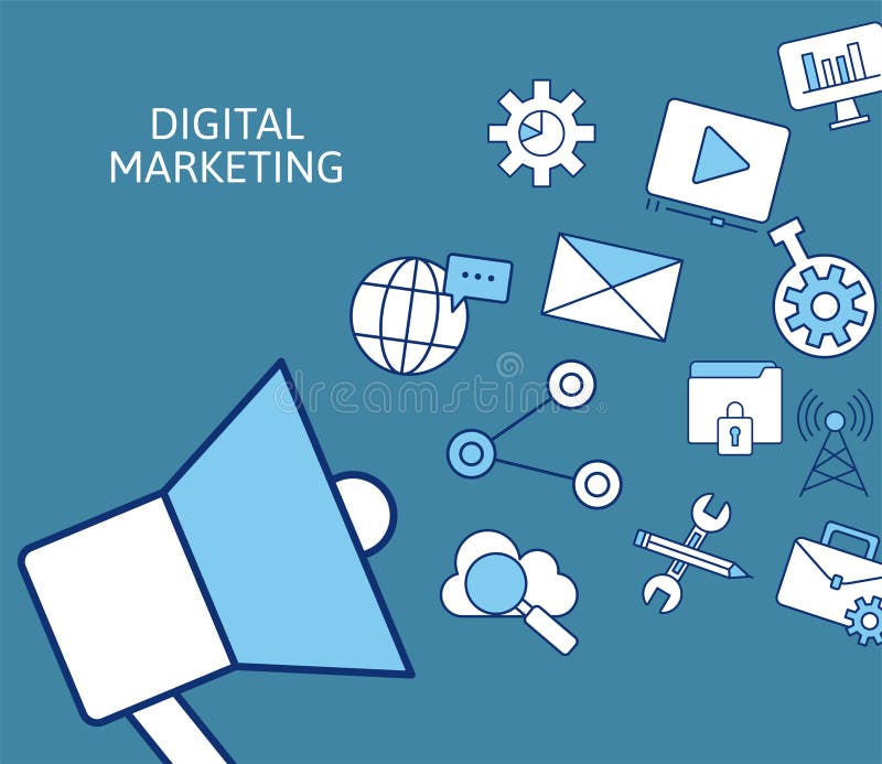 Megaphone and Bundle of Marketing Digital Set Icons Stock Vector ...