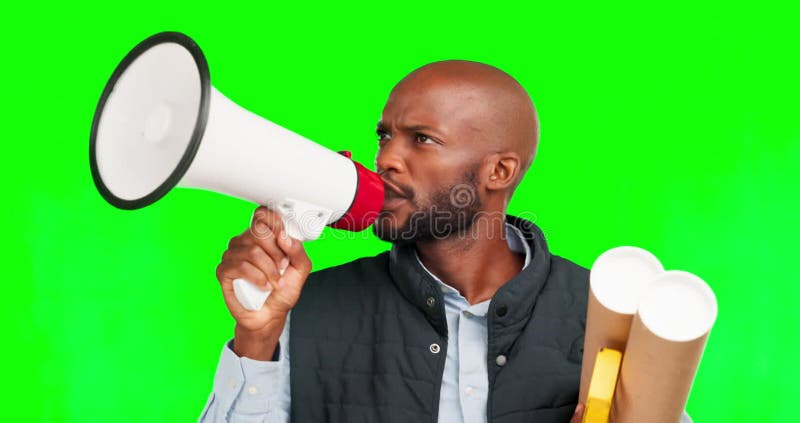 Construction, Megaphone and Black Man Engineer on Green Screen in ...