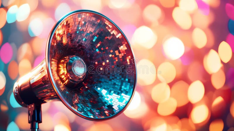 Megaphone with Disco Ball Pattern Against Colorful Bokeh Lights. Party ...