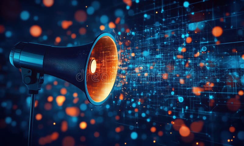 Megaphone Emitting Sound Waves and Digital Data Visualization, Vibrant ...