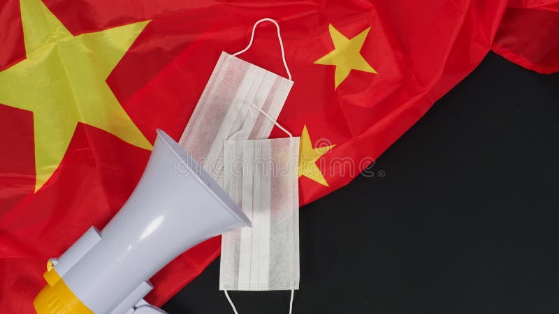 Megaphone and Face Masks with China Flag on Black Background. Stock ...