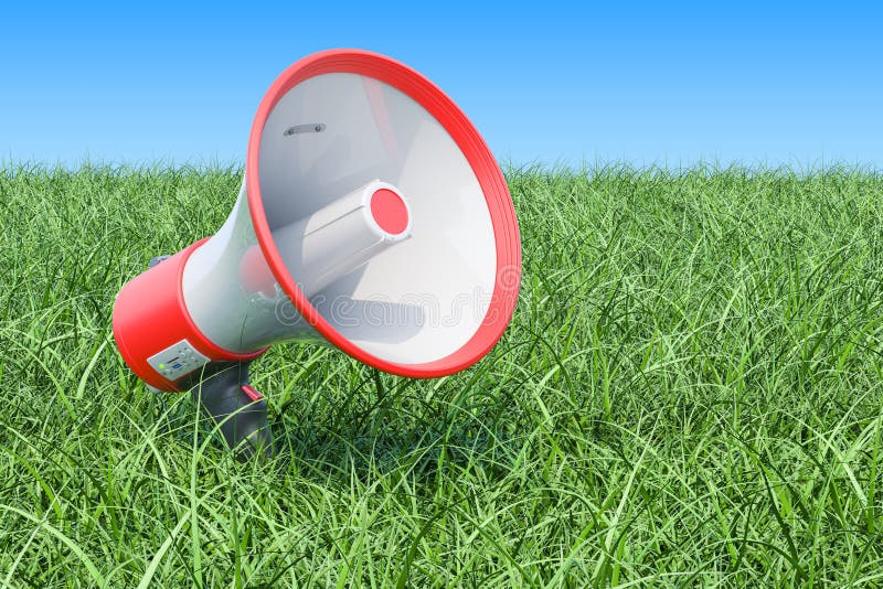 Megaphone on the Green Grass Against Blue Sky, 3D Rendering Stock ...