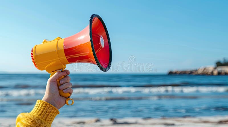 Red Megaphone in Hand on Panoramic Beach Stock Illustration ...