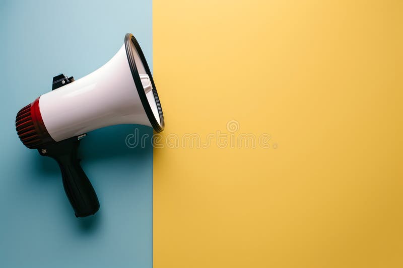 Megaphone or Hand Speaker Isolated on Blue and Yellow Background with ...