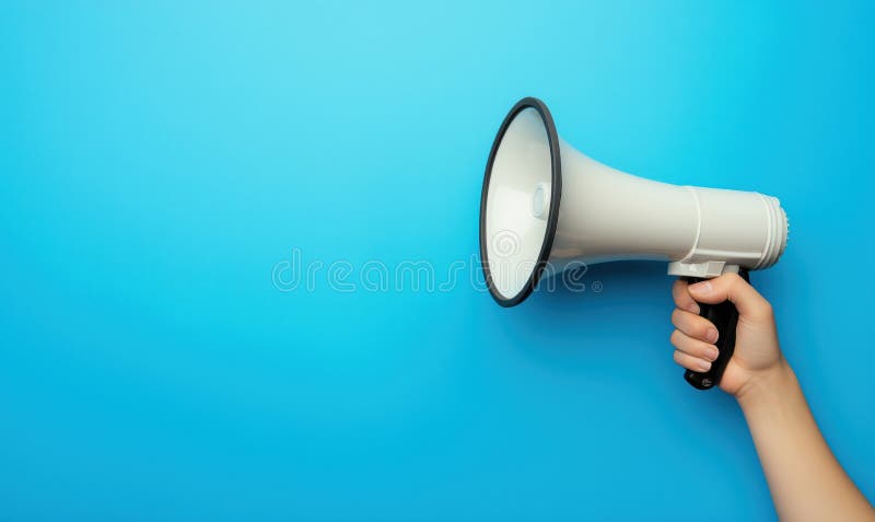 Megaphone Held in Hand, Blue Background, Communication Tool ...