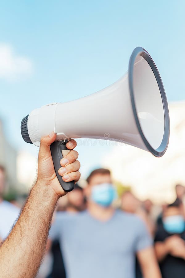 Megaphone Held Up in Front of Blurred Crowd during a Rally or Public ...
