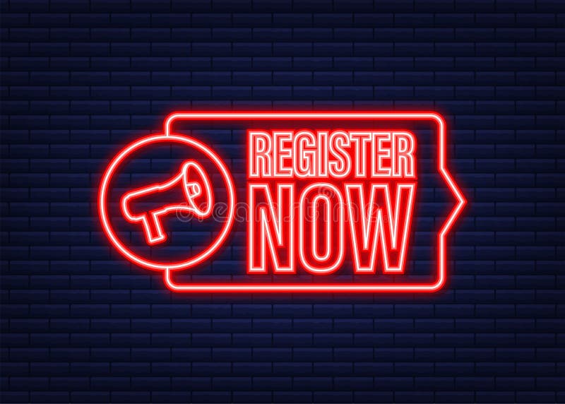 Megaphone Label with Register Now. Neon Icon. Web Design. Vector Stock ...