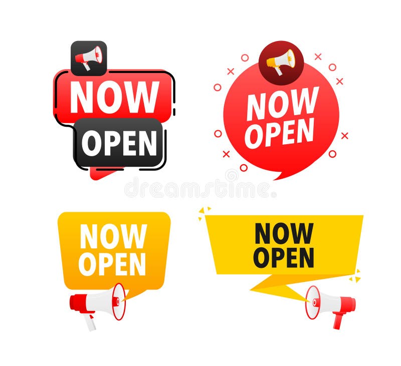 Megaphone Label Set with Text Now Open. Now Open Announcement Banner ...