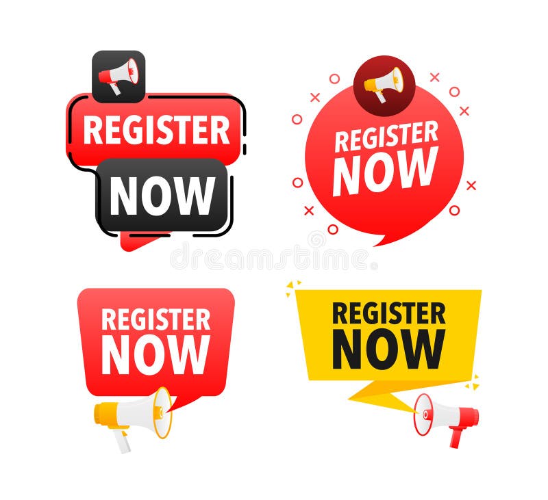 Megaphone Label Set with Text Register Now. Register Now Announcement ...