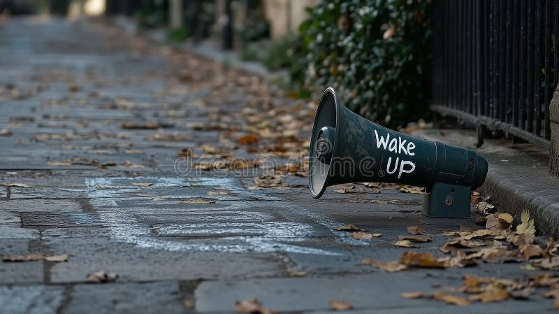 Megaphone Lying on a Leaf-strewn Cobblestone Path with "WAKE UP ...