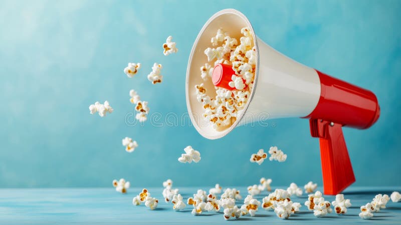 Megaphone with Popcorn Against a Blue Background, Creative ...