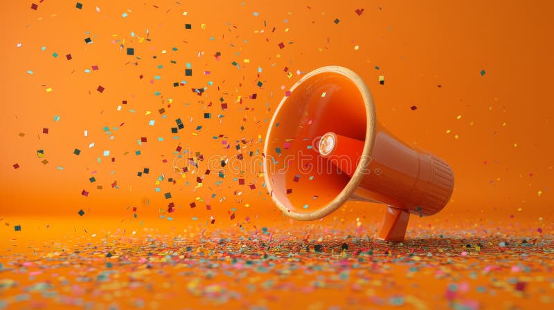 Megaphone with Shiny Confetti on a Orange Background Stock Illustration ...