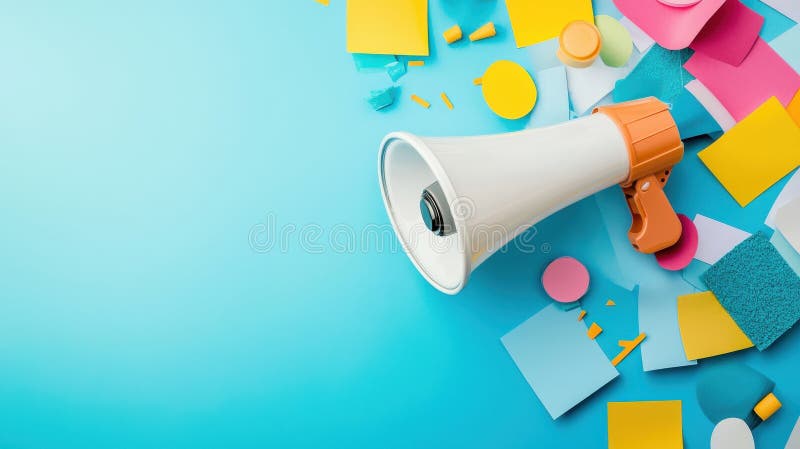 Megaphone on a Table Surrounded by Colorful Paper Pieces in an Indoor ...