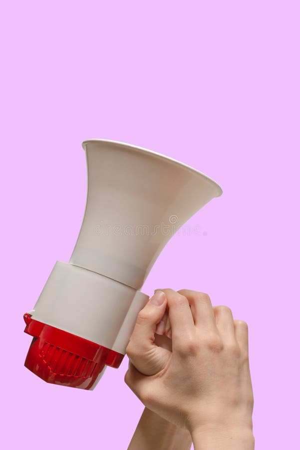 Megaphone in Woman Hands on a Purple Background Stock Photo - Image of ...
