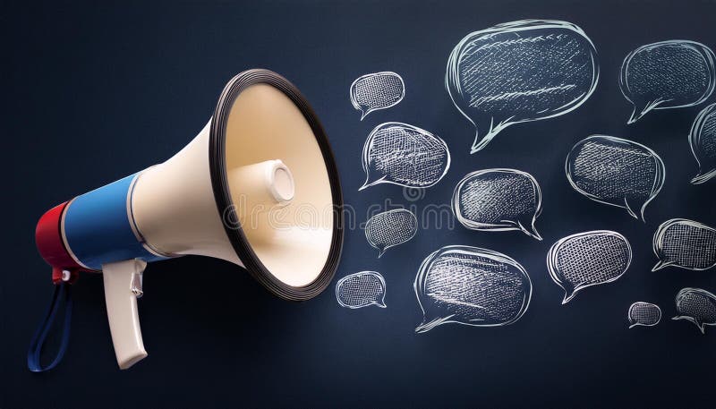 Megaphones and Speech Bubbles on Dark Background. 3D Rendering Stock ...