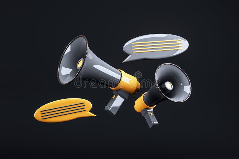Megaphones with Speech Bubbles on Dark Background. 3D Rendering Stock ...