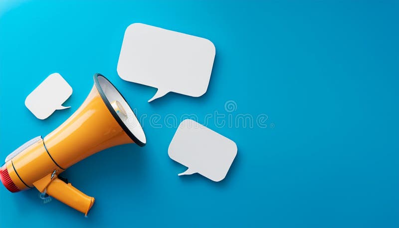Megaphones and Speech Bubbles on Light Blue Background. 3D Rendering ...