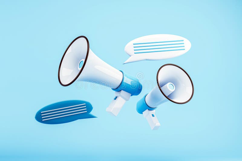 Megaphones and Speech Bubbles on Light Blue Background. 3D Rendering ...