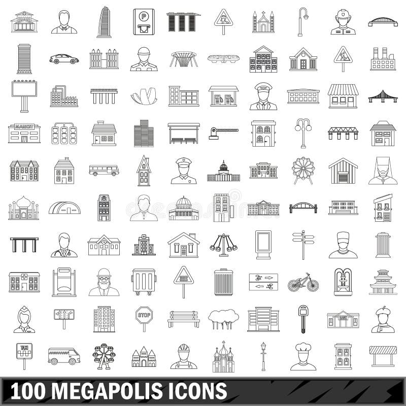 100 Megapolis Icons Set, Outline Style Stock Vector - Illustration of ...