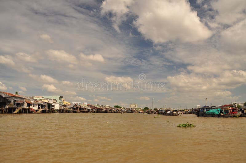 Mekong River Delta. Riverfront Houses and Shacks Stock Image - Image of ...