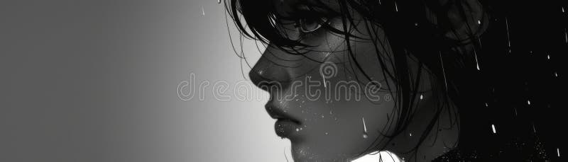 Melancholic Anime Character in Black and White, Captured in the Rain ...