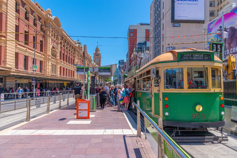 MELBOURNE, AUSTRALIA, DECEMBER 31, 2019: Tram in Front of Flinders ...
