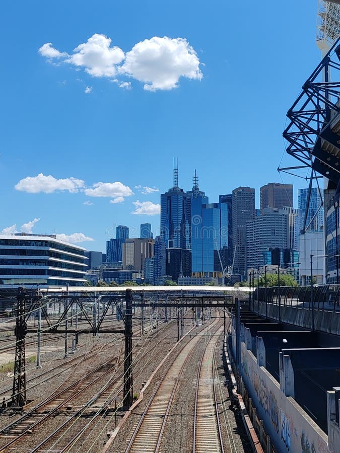 Melbourne City Sky Line and Rail Tracks Editorial Stock Image - Image ...
