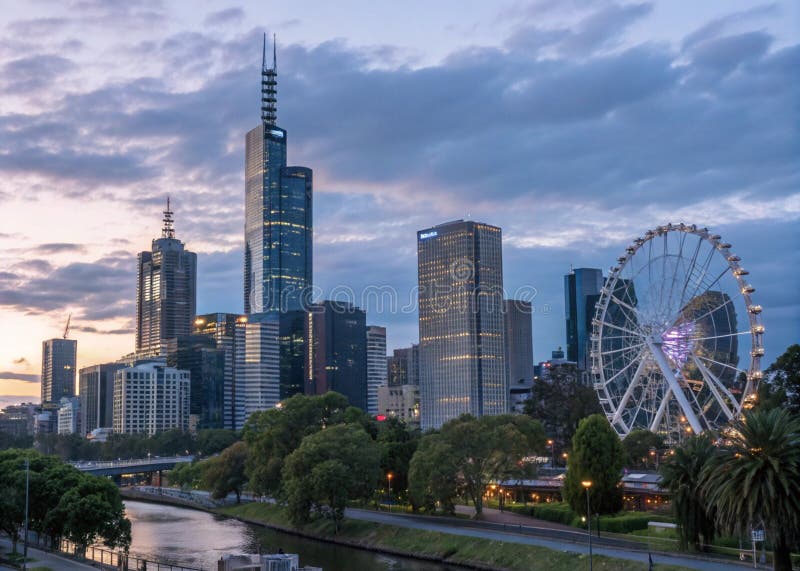 Melbourne City Skyline at Twilight Stock Illustration - Illustration of ...
