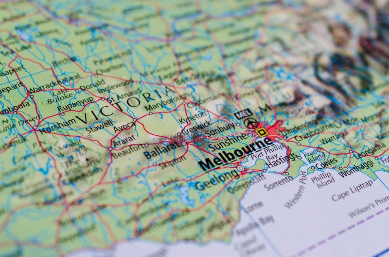 Melbourne en mapa foto de archivo. Imagen de costa, papel - 114065400