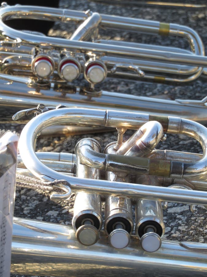 Mellophones on Ground during Marching Band Practice Close-up Stock ...