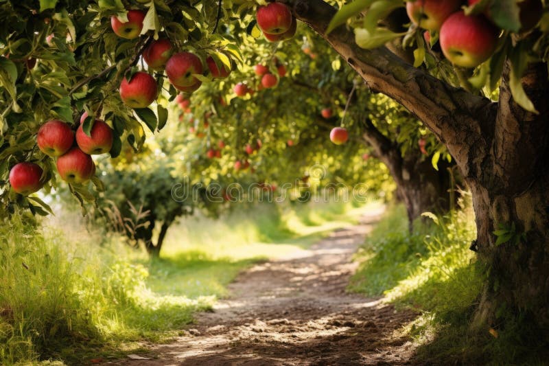Mellow Fruitfulness: Ripe Apples on Trees by a Path Stock Illustration ...