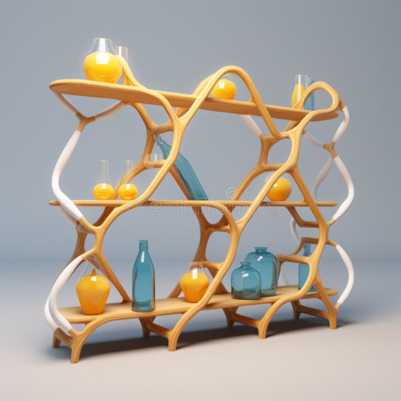 Mellow Yellow Organic Shelf with Curved Lines and Molecular Structures ...