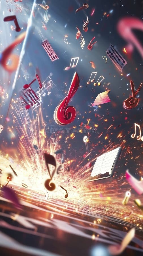 Melodic Explosion with Floating Notes and Sheet Music Stock ...