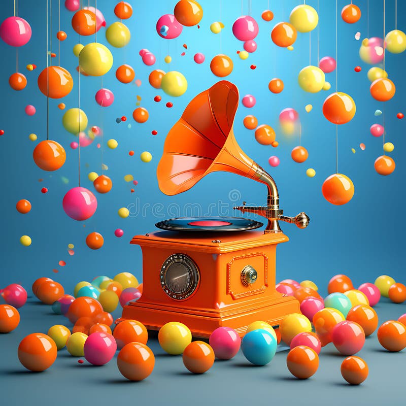 Melodic Whimsy: Orange Gramophone Amidst Colorful Balls on a Blue ...
