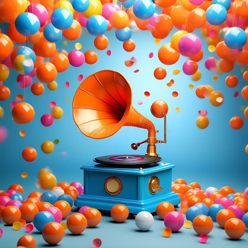 Melodic Whimsy: Orange Gramophone Amidst Colorful Balls on a Blue ...