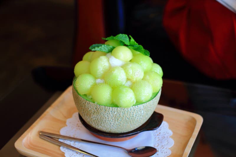 Melon Bingsu with Sweetened Condensed Milk Stock Photo - Image of ...