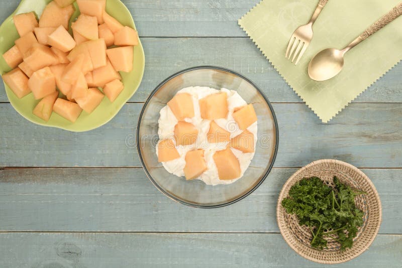 Melon Delicious Breakfast or Dessert, Top View. Healthy Eating Concept ...