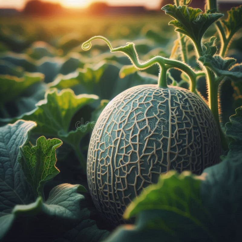 Melon Fruit Growing. Closeup of Melon Growing on the Field with ...