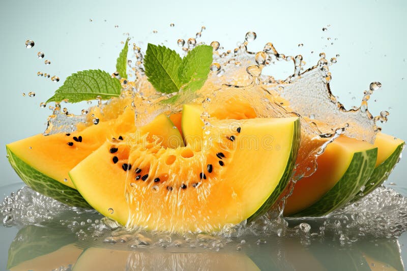 Melon Pieces in Splashes of Water Closeup, Water Drops with Melon ...